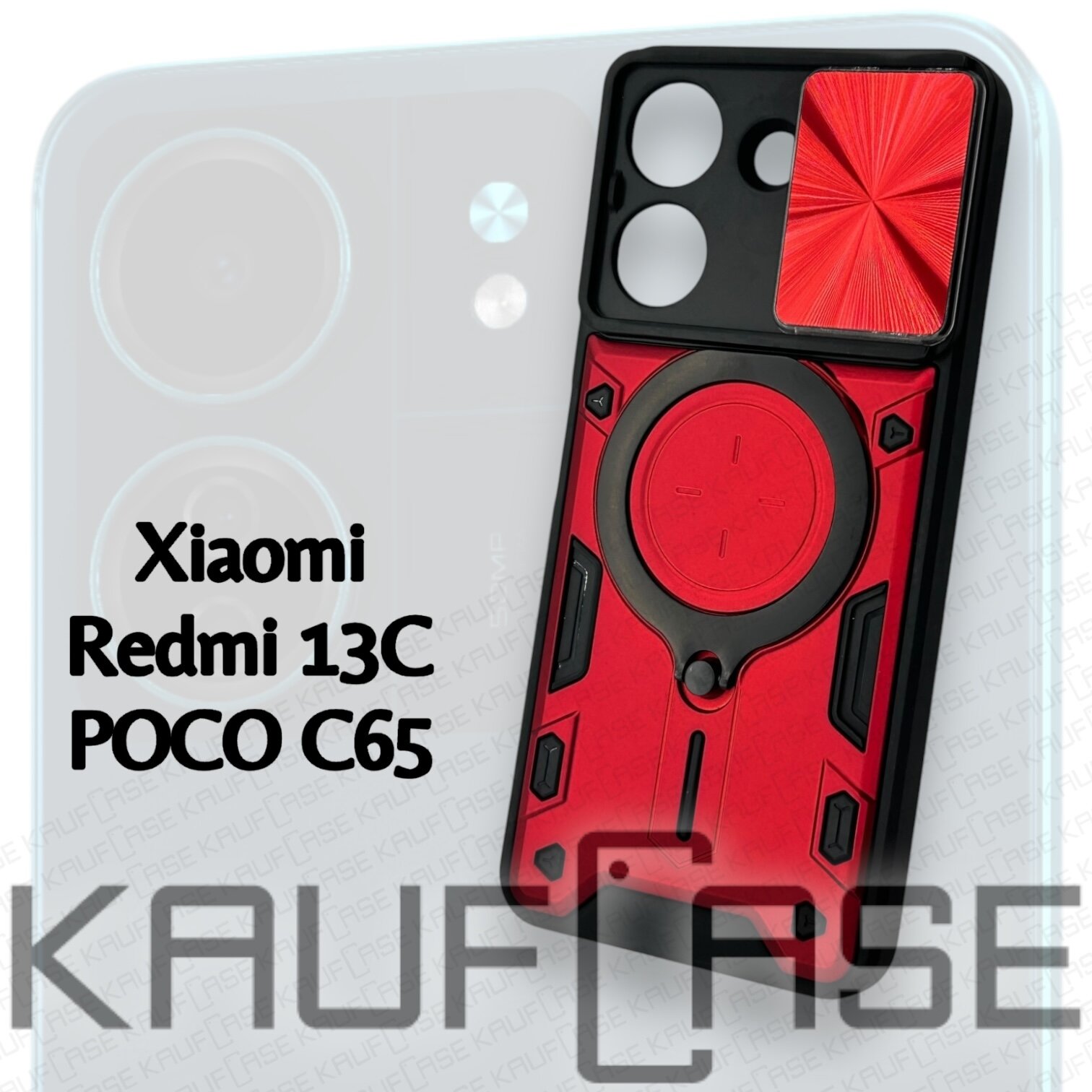 Противоударный чехол на Xiaomi Redmi 13C /Poco C65 (6.74"), красный. Кольцо-держатель и магнитное крепление, яркие пластиковые защитные вставки