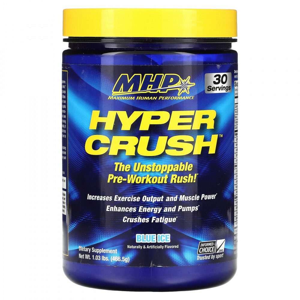 MHP, Hyper Crush™, предтренировочный комплекс, со вкусом голубой лед, 466,5 г (1,03 фунта)