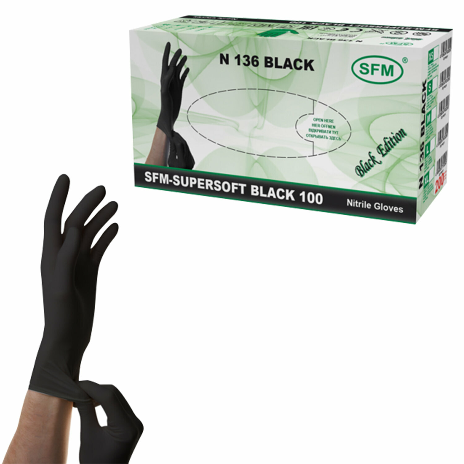 Смотровые перчатки SFM "Supersoft", нитриловые, размер M, средние, черные, 100 пар, 200 шт