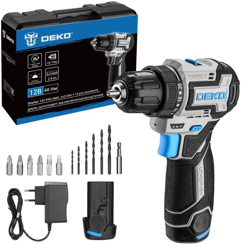 Дрель-шуруповерт аккумуляторная Deko SHARKER12VPRO, 12 В Li-ion 2x2 Ач