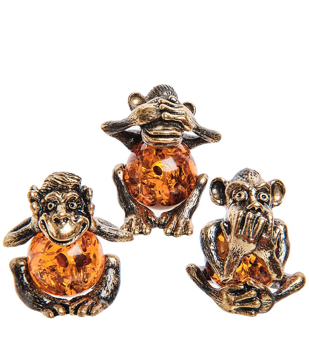 Фигурка "Обезьяна - "Не вижу, не слышу, не скажу" (латунь, янтарь)