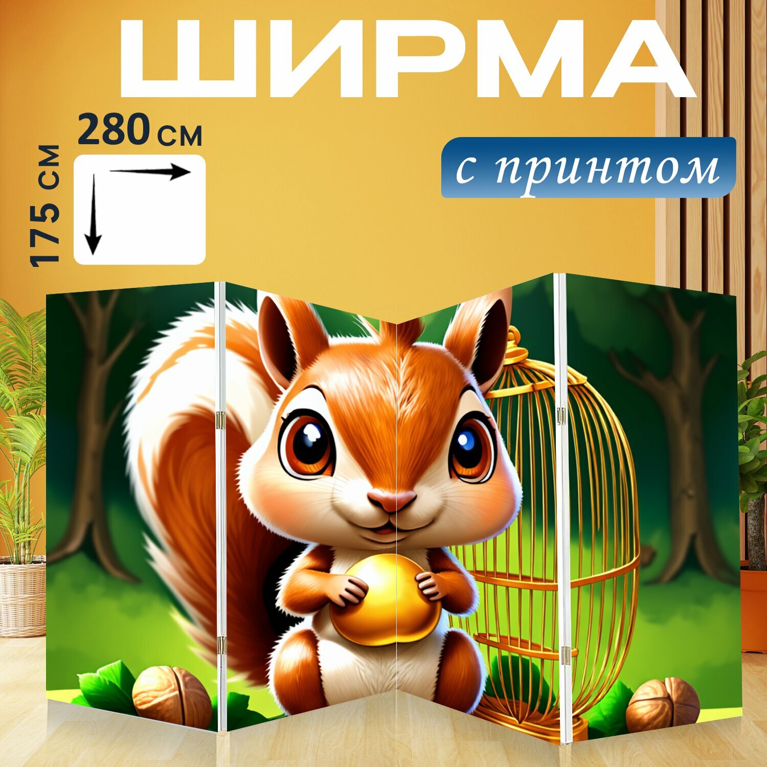Ширма "Рисунок милой белки с золотым орехом в руках, сидящей в декоративной золотой клетке на фоне зелёного." перегородка для зонирования комнаты с принтом 280x175 см. на холсте