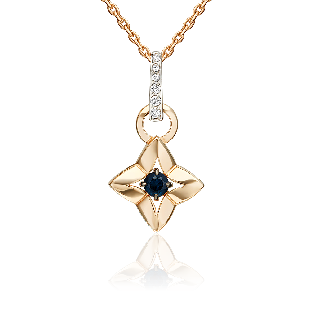 Подвеска, красное золото, 585 проба, бриллиант, сапфир