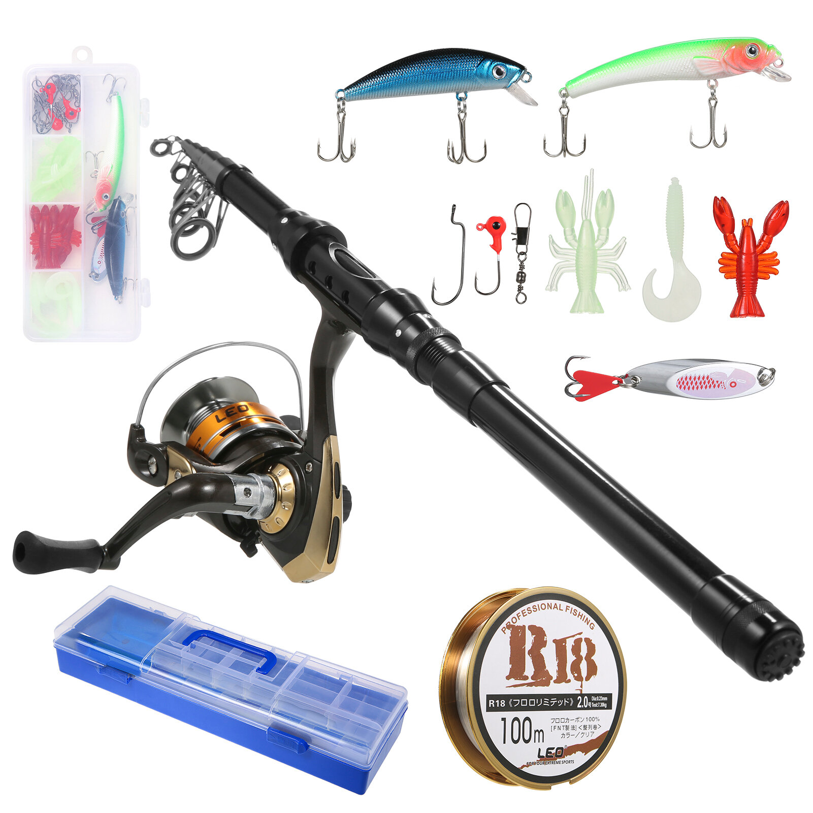 Fishing Rod and Reel Combos Telescopic Pole with Spinning Combo Kit Line Lures Hooks Swivels Set Accessories Tackle Box