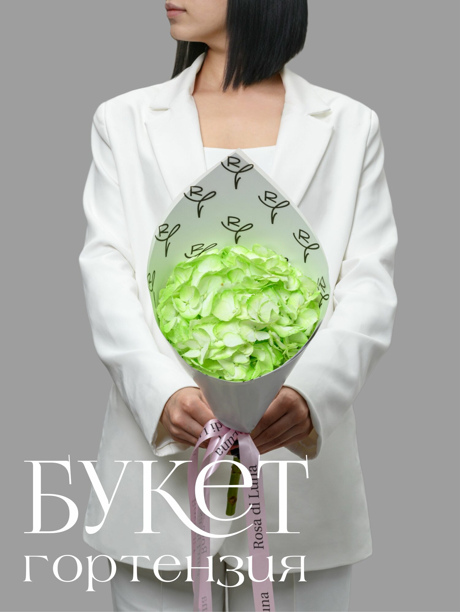 Букет из одной Зеленой Гортензии в белой упаковке с розовой лентой