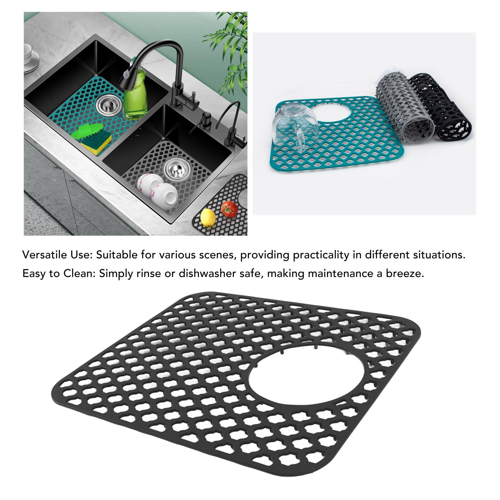 Коврик для раковины, силиконовый протектор с боковым сливным отверстием, противоскользящий, устойчивый к царапинам, простая в обслуживании сетка для раковины для кухни, дома, черный