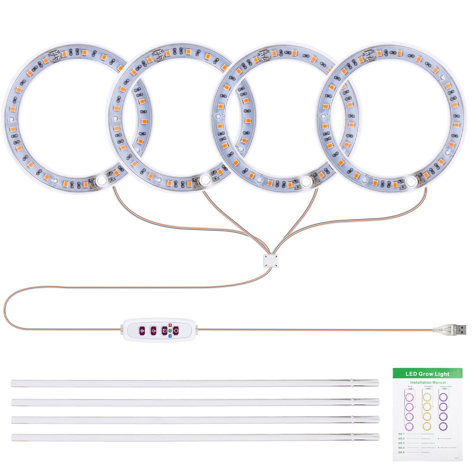 LED лампа для растений 6.2 Вт 300 люмен 4 головки USB питание таймер регулировка яркости для суккулентов
