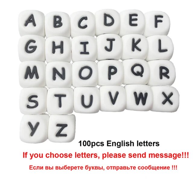 Эта силиконовая игрушка-прорезыватель для зубов, состоящая из 100 деталей, включает бусины с русским алфавитом и 12-миллиметровые бусины с английским алфавитом. Ее можно использовать как бусы для прорезывания зубов, цепочку для соски и т. д.