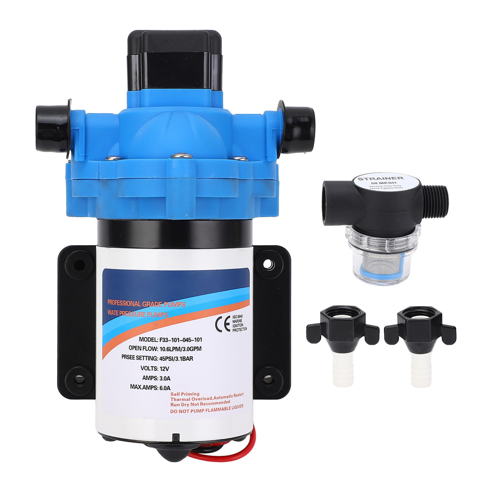 RV Fresh Water Pump 12V DC Self Priming Diaphragm with Pressure Switch 3.0 GPM 45 PSI for Marine Yacht Caravan