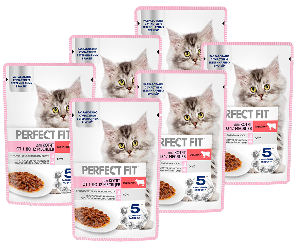 Корм влажный Perfect Fit для котят, говядина в соусе, пауч, 75 г х 6 шт