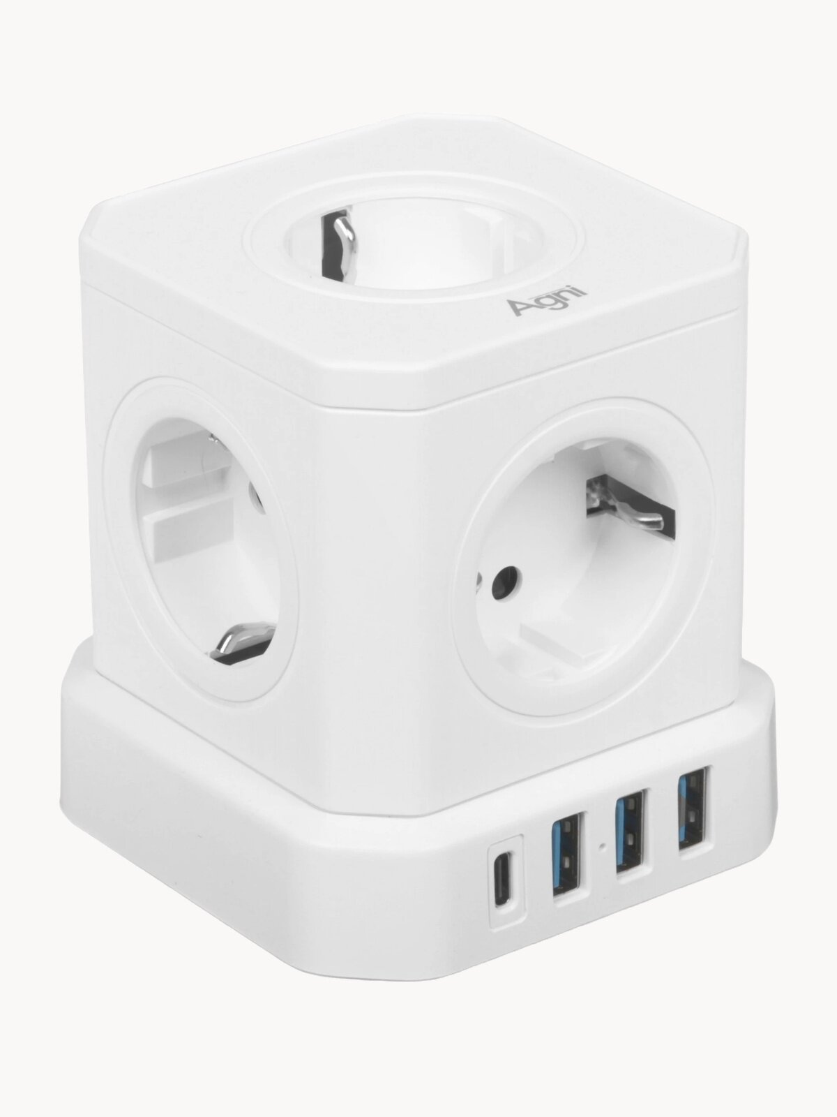 Сетевой фильтр с заземлением AGNI 5 розеток 220V, 3 USB 2.4A, 1 TYPE-C 20W (быстрая зарядка), 16A / 4000Вт 3м белый