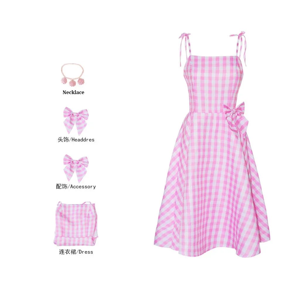 Барби розовое клетчатое платье XXXL, long pink dress
