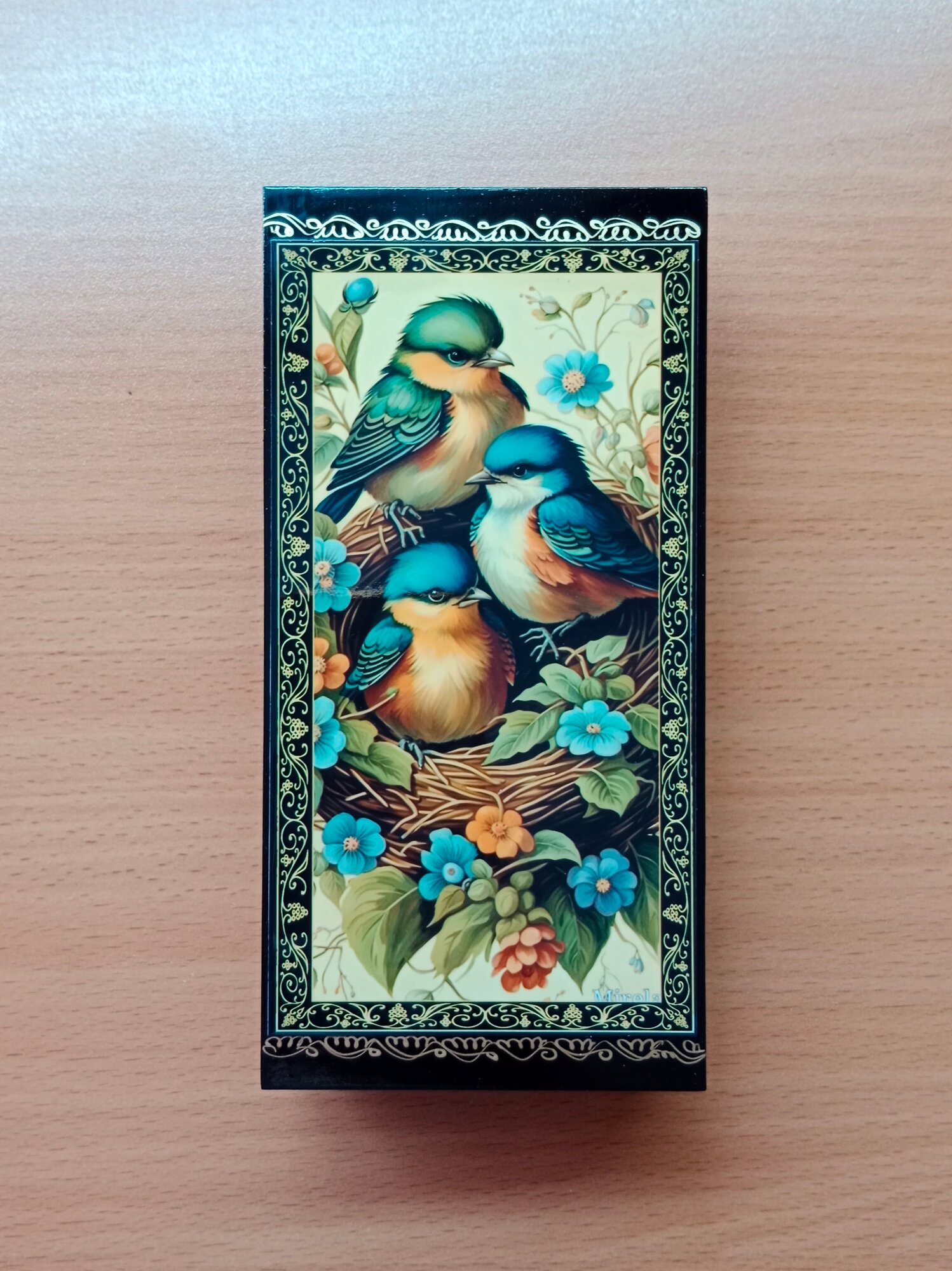 Шкатулка-купюрница униве6рсальная "Птенчики" 17*8,5*3,5см, лаковая миниатюра