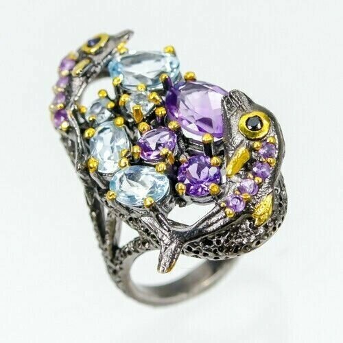 Кольцо помолвочное, серебро, 925 проба, чернение, аметист, топаз