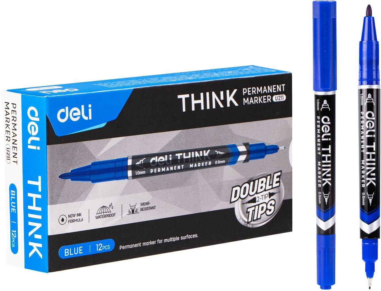 Маркер перманентный Deli EU211-BL двойной пиш. наконечник 0.5-1мм синий