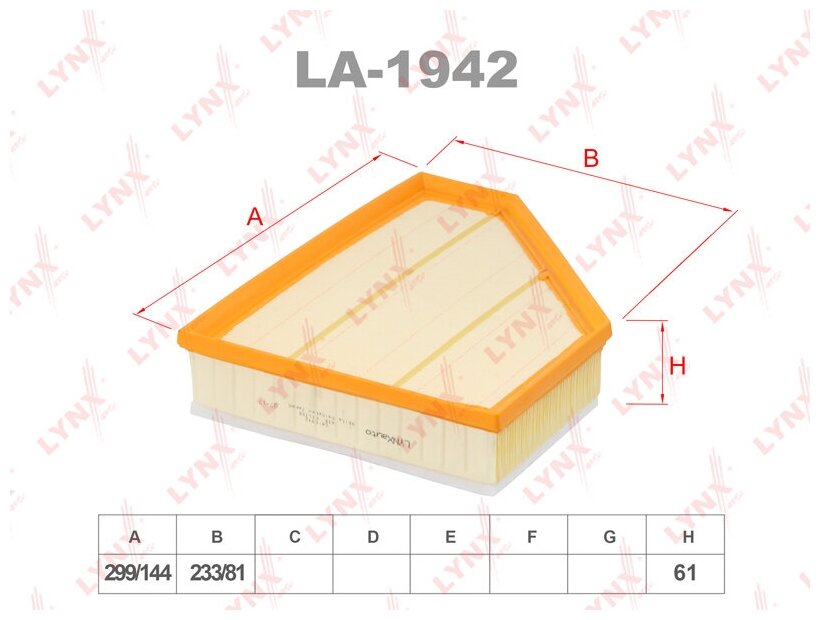 Фильтр воздушный LYNXauto LA-1942. Для: BMW БМВ 1(E81/E87) 2.0D 03-12 / 3(E90) 2.0D-3.0D 98-11 / X1(E84) 2.0D 09-15