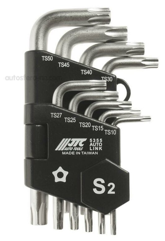 JTC JTC5355 Набор ключей 9 пр: L-образных, 5-лучевых с отверстием: TS10, TS15, TS20, TS25, TS27, TS30, TS40, TS45, TS50, в пласт. держателе