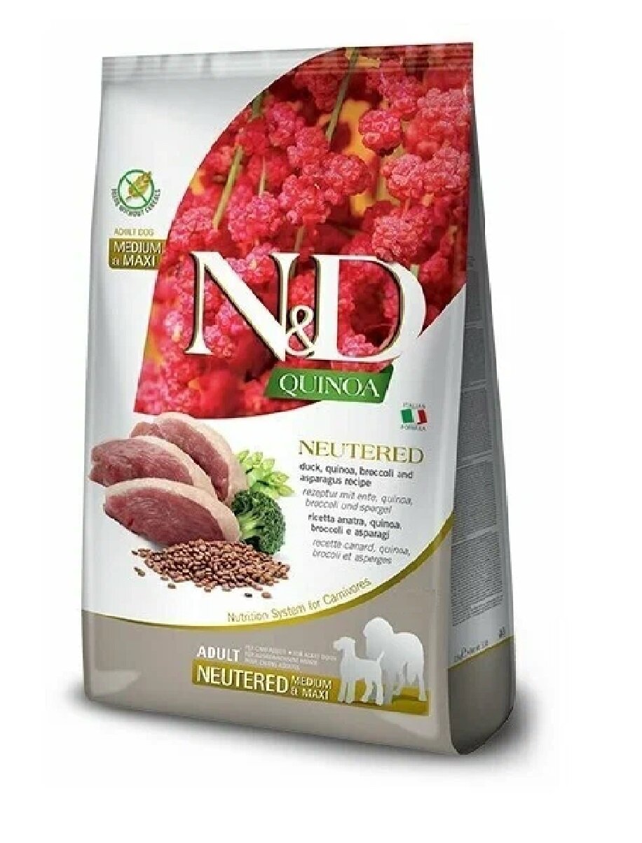 Farmina Корм сухой ND DOG GF Quinoa Duck, Broccoli & Asparagus Neutered Adult Medium&Maxi для стерилизованных и кастрированных собак средних и крупных