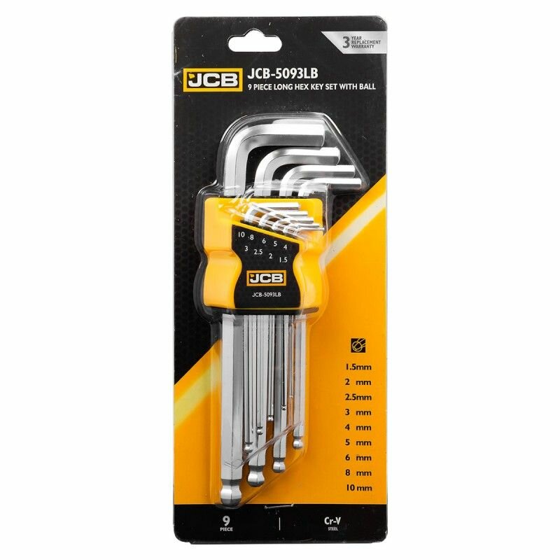 Ключи Г-образные 6-гранные длинные с шаром, набор 9 предметов (1.5, 2, 2.5, 3-6, 8, 10мм) JCB