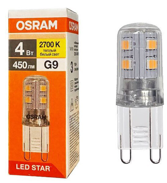 1шт/уп. Лампа LED Капсула G9 4Вт 450Лм 220-240V 2700К Свет Теплый белый d18x49 OSRAM, уп. 1шт