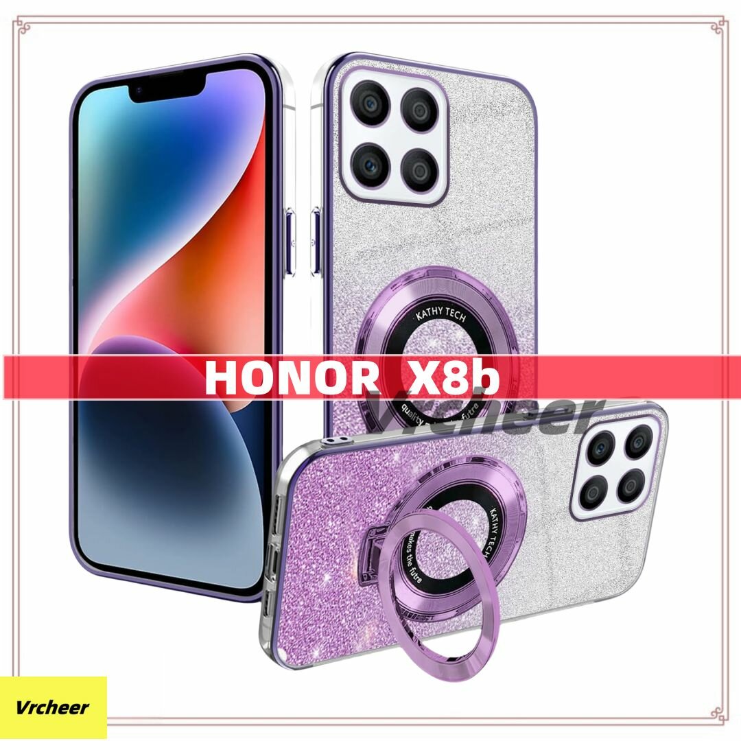 Чехол на Honor X8B(Хонор X8B) с Блестками / Блестящий / Силиконовый со стразами, с защитной линзой и держателем. чехол золотистый женский.(пурпурный, Purple)