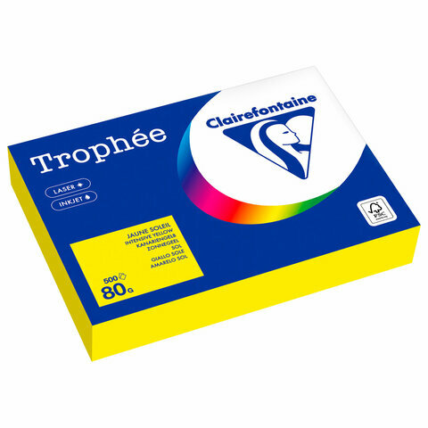 Бумага цветная CLAIREFONTAINE, А4, 80 г/м2, 500 л, интенсив, ярко-желтый, Франция, 1877C
