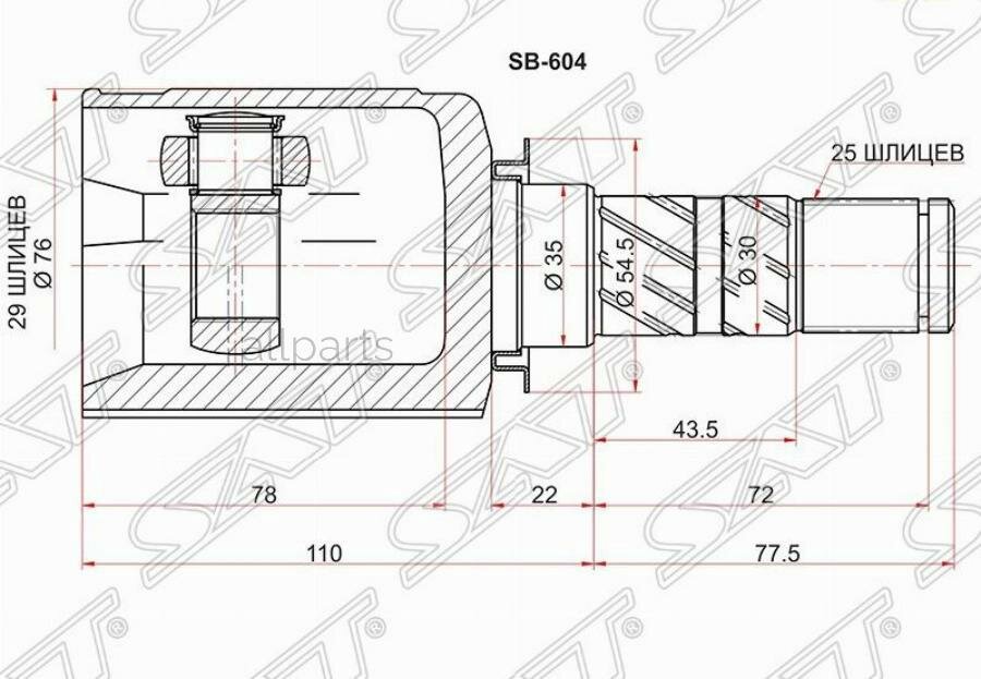 SAT SB-604 Шрус (Спереди/ Внутр) Subaru Forester 02-13 / Impreza 07-12 / Legacy 03-09 / Impreza WRX 07-14