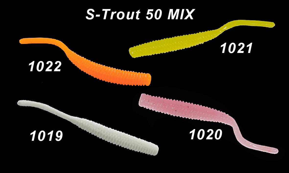 Силиконовая рыболовная приманка Volzhanka S-trout 50, ST50-mix (1019+1020+1021+1022), в упак. 16шт.