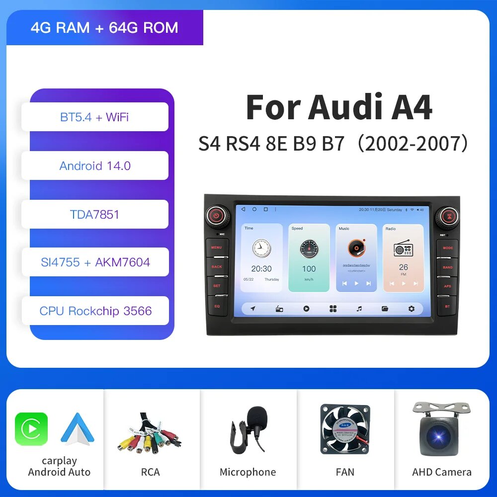 Kapud Android 14 8 "2 Din автомобильное мультимедийное радио стерео для Audi A4 B7 B6 S4 RS4 2002-2007 Carplay Auto Wi-Fi GPS SWC Navi 360 BT