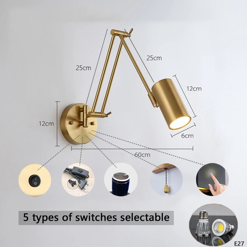 Winlams складной настенный светильник белый/черный/золотой, Touch Switch, Холодный белый(5500-7000K), B Gold