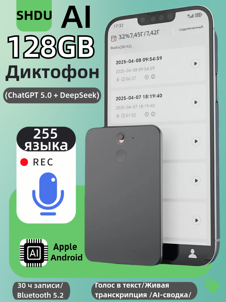 AI-диктофон с ChatGPT 5.0 и DeepSeek — 128 GB, 255 языков голос в текст, перевод, анализ, Bluetooth 5.2