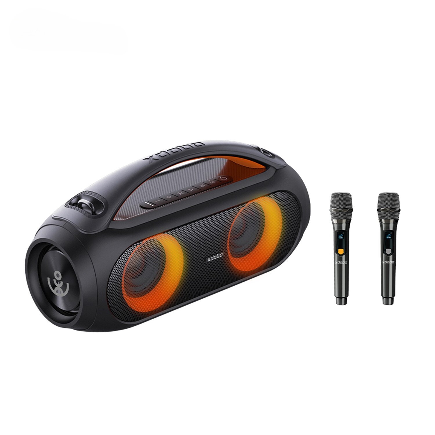 XDOBO Vibe plus Karaoke bluetooth audio Double Mark Karaoke bluetooth speaker 80W waterproof wireless subwoofer Built-in 12000mAh battery Support AUX U disk playback 2 treble 1 bass 2 diaphragm Bluetooth 5.3 ABS + metal 365x134x178mm 2460g 1 Speaker 2