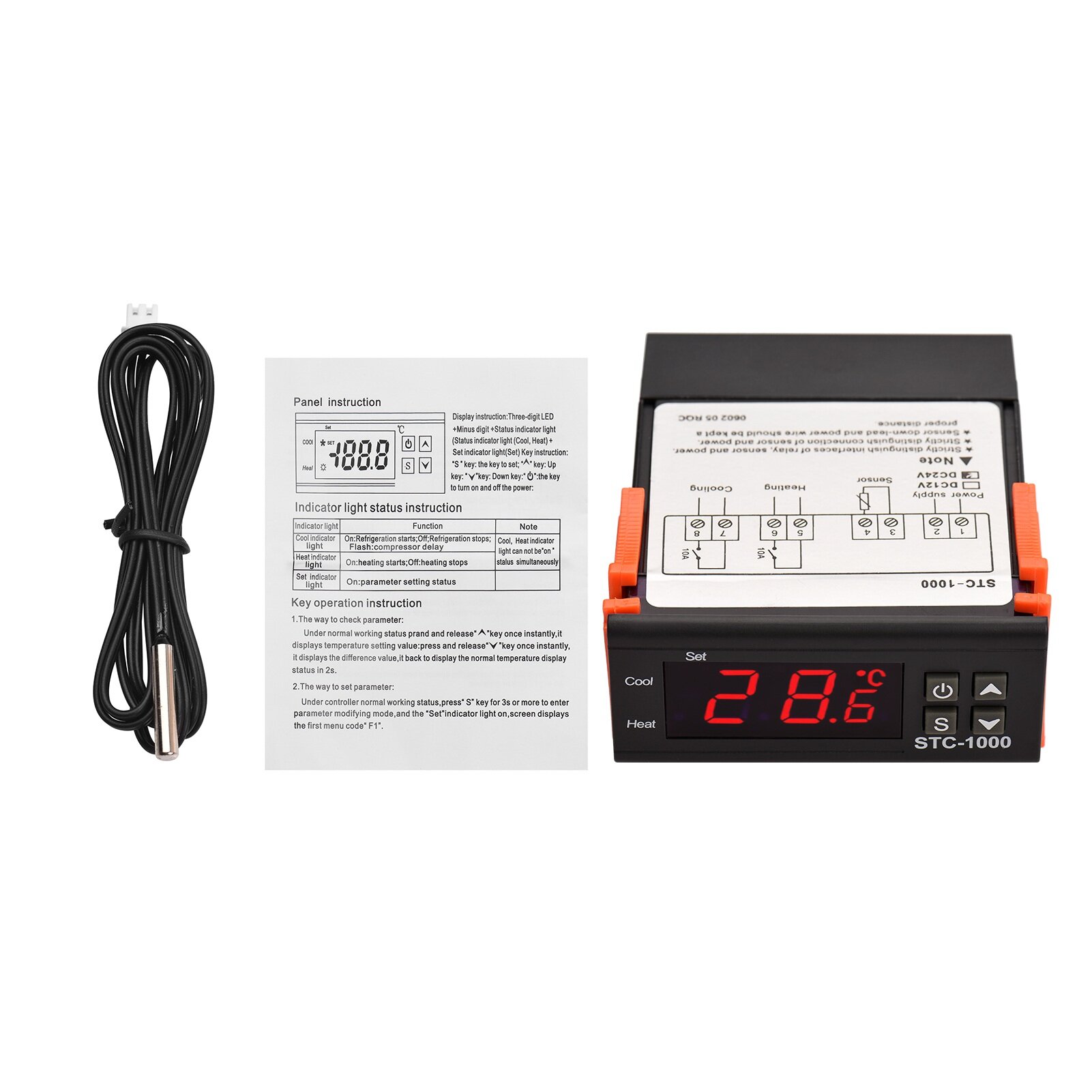 Цифровой регулятор температуры STC-1000 Интеллектуальный регулятор температуры DC 24 В Термостат для холодильника Поддержка нагрева/охлаждения/коррекции температуры/отложенного запуска/сигнализации высокой или низкой температуры