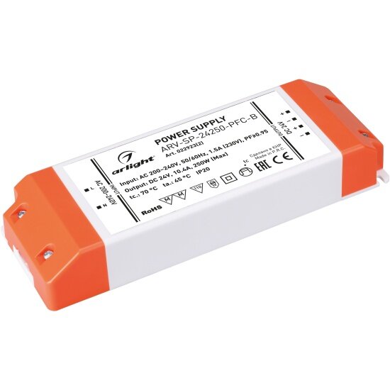 Блок питания Arlight ARV-SP-24250-PFC-B (24V, 10.4A, 250W) (, IP20 Пластик, 5 лет)