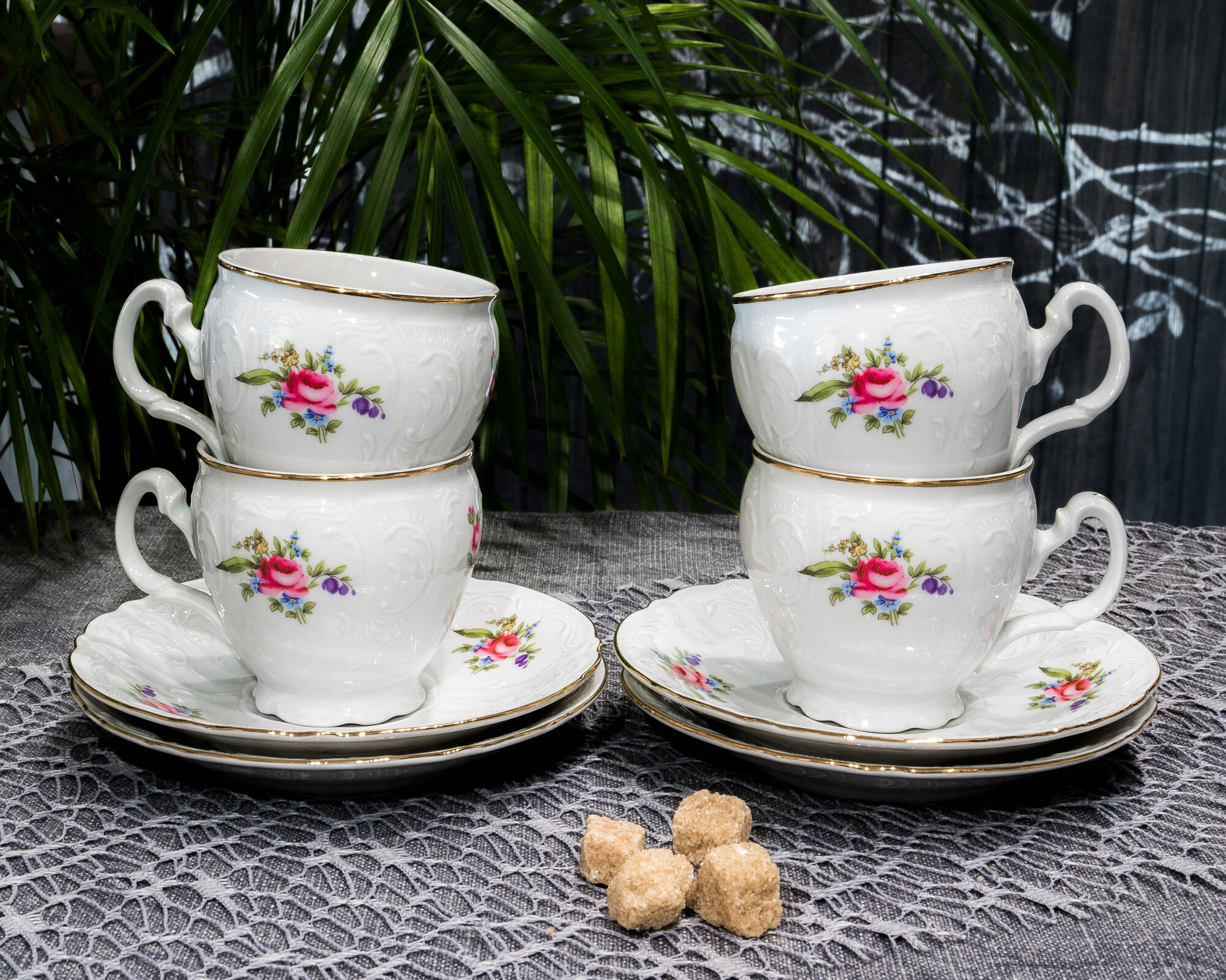 Набор чайных пар на 4 персоны 170 мл 140 мм высокая Bernadotte, Мейсенский букет