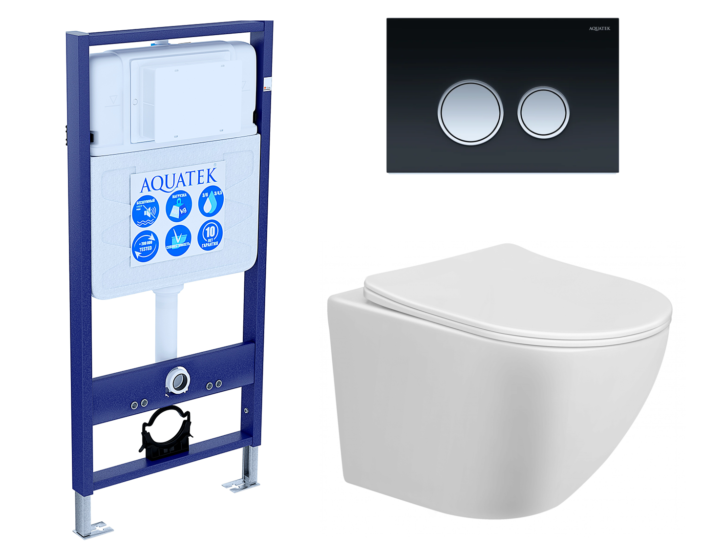 Комплект 3 в 1 инсталляция Акватек Standart 50 + Унитаз подвесной Taliente Amato AM25010 с кнопкой черной хром INS-0000012 + AM25010 + KDI-0000029