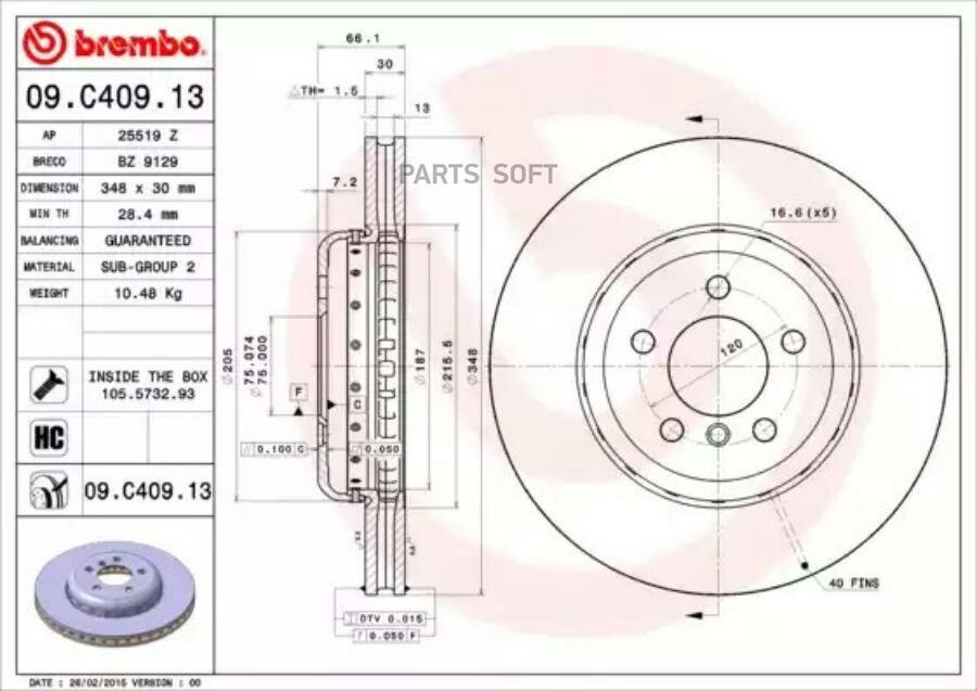 BREMBO 09C40913 Диск тормозной BMW F10 10- передний