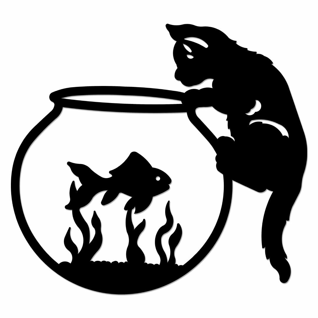 Настенное декоративное панно из дерева "Кошка на аквариуме" 300*275 мм / Украшение на стену