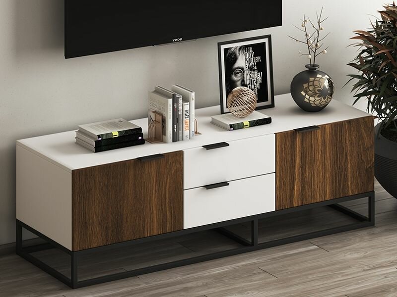 Тумба ТВ в гостиную "Лофт Вуд 2" 150х48х50, белый/дуб бурбон