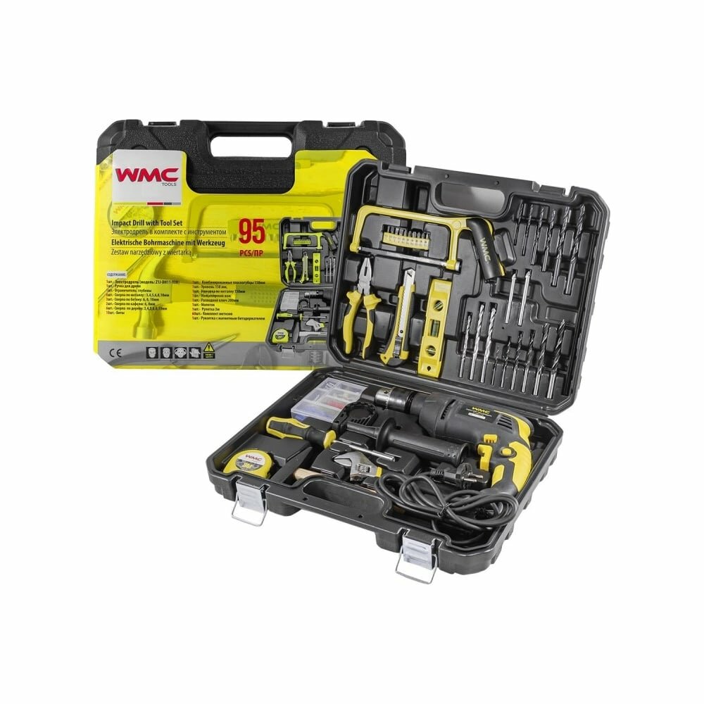 Набор инструментов WMC TOOLS 95 предметов, дрель ударная , набор бит, сверло плоск, уровень , ножовка , кл разводной , рулетка , ножовка , уровень , нож, комплект метиз WMC-1095(50786)