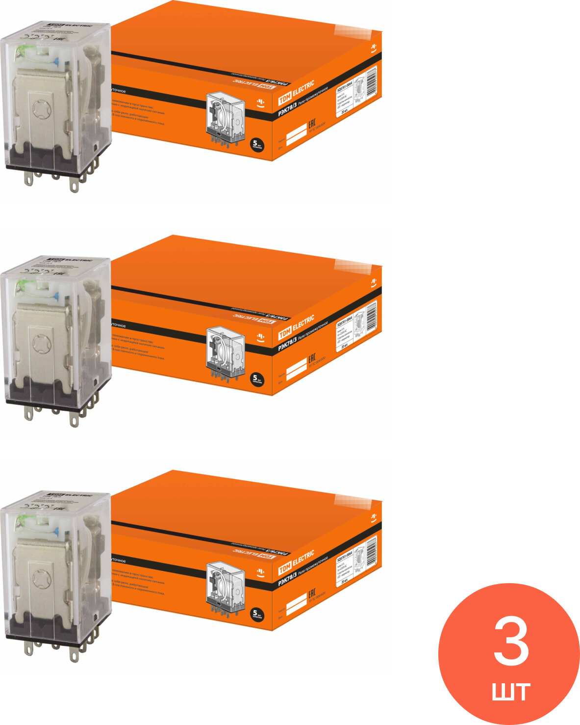 Реле промежуточное TDM Electric / ТДМ Электрик РЭК78/3 с индикацией, серебросодержащие контакты, 20.5×42×27мм, 5А 230В AC / электрика (комплект из 3 шт)