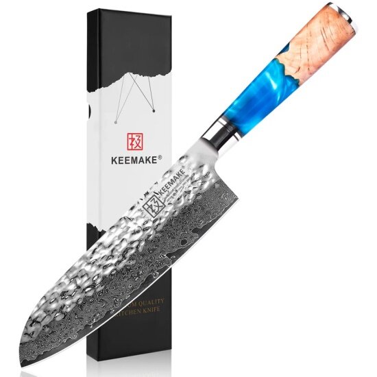 Нож сантоку из дамасской стали Keemake 7 Inch Santoku Knife 67 слоев основа VG10 (10CR15MOV) + 316 сталь HRC60+-2 (B-4) синий + бежевый