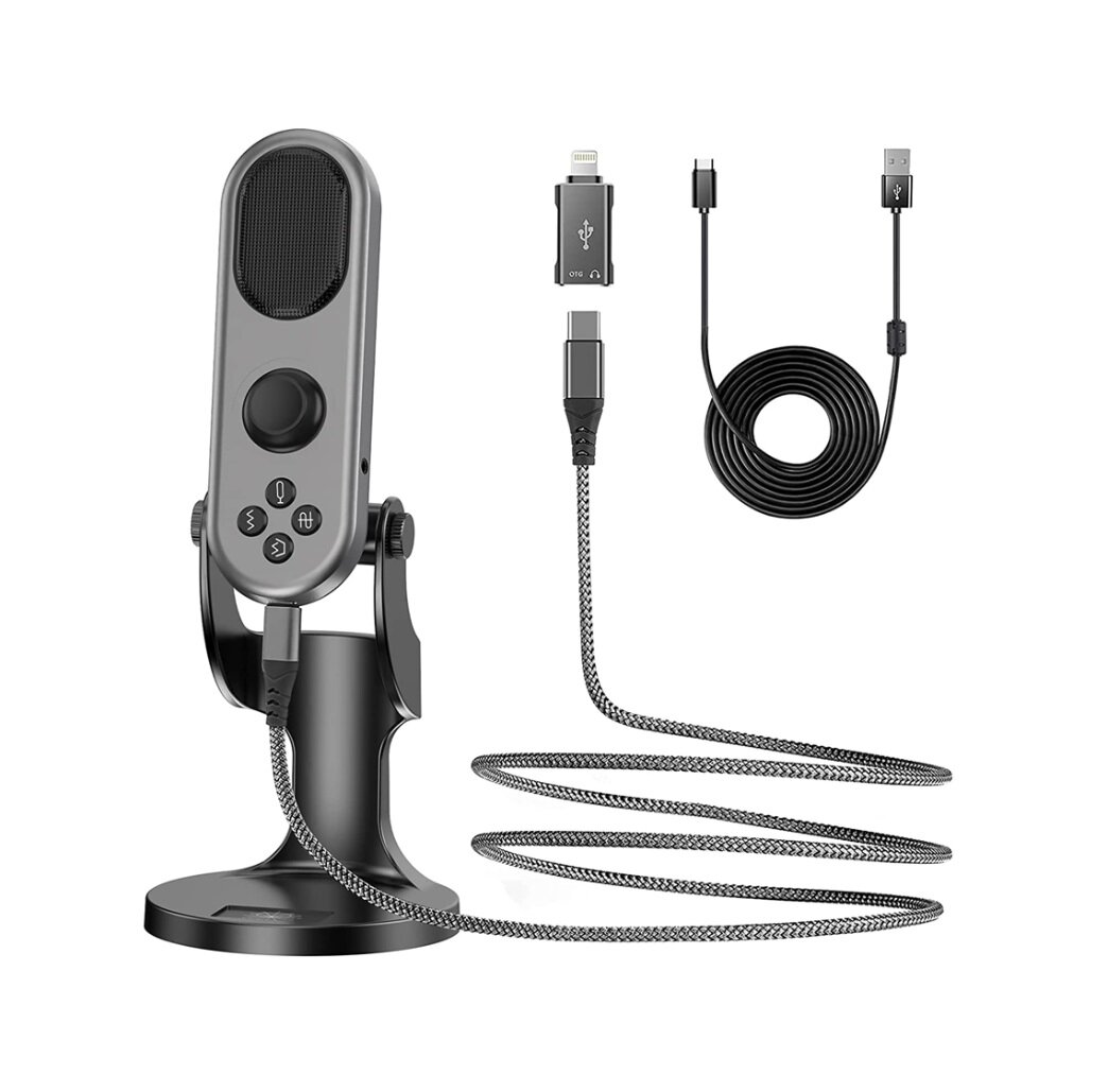 Микрофон универсальный кардиоидный JMARY MC-PW7, Type-C+Lightning+Jack 3.5mm, 1.8 м, Черный/Серый