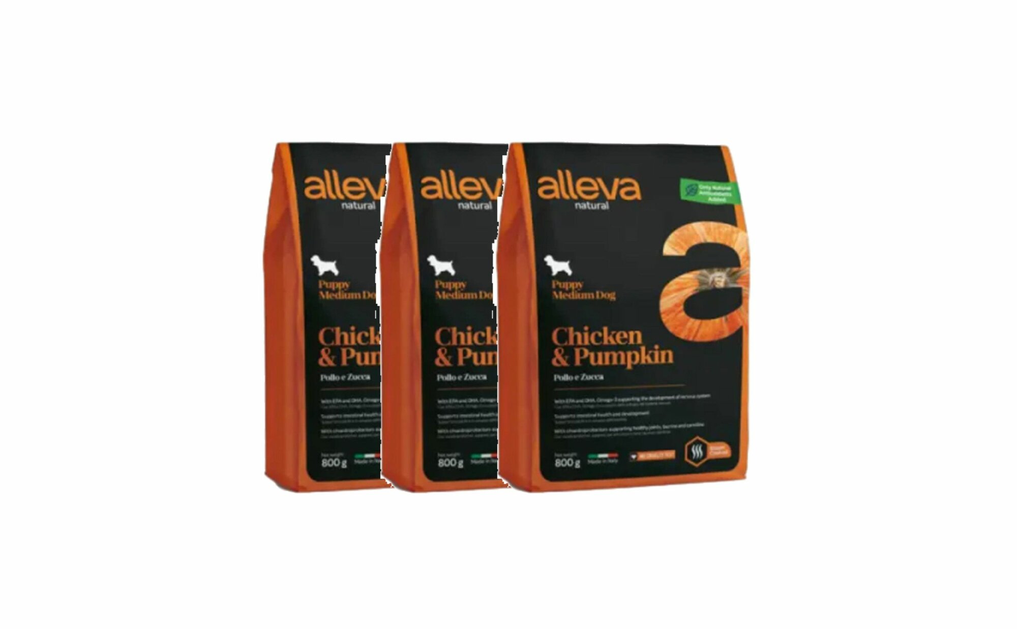 Alleva Natural Puppy Chicken & Pumpkin Medium сухой корм для щенков с курицей и тыквой - 800 г х 3 шт.