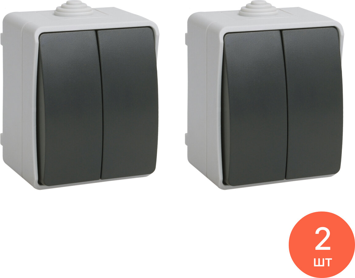 Выключатель IEK / ИЭК Форс ВС20-2-0-ФСр, 10А IP54 открытой установки серый 92х65х55мм двухклавишный, EVS20-K03-10-54-DC / переключатель (комплект из 2 шт)