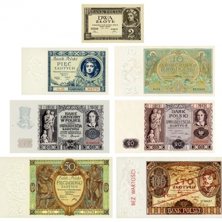 2-100 злотых 1936 набор 7 копий банкнот Польши сувенирная копия, банкноты и купюры редкие коллекционные