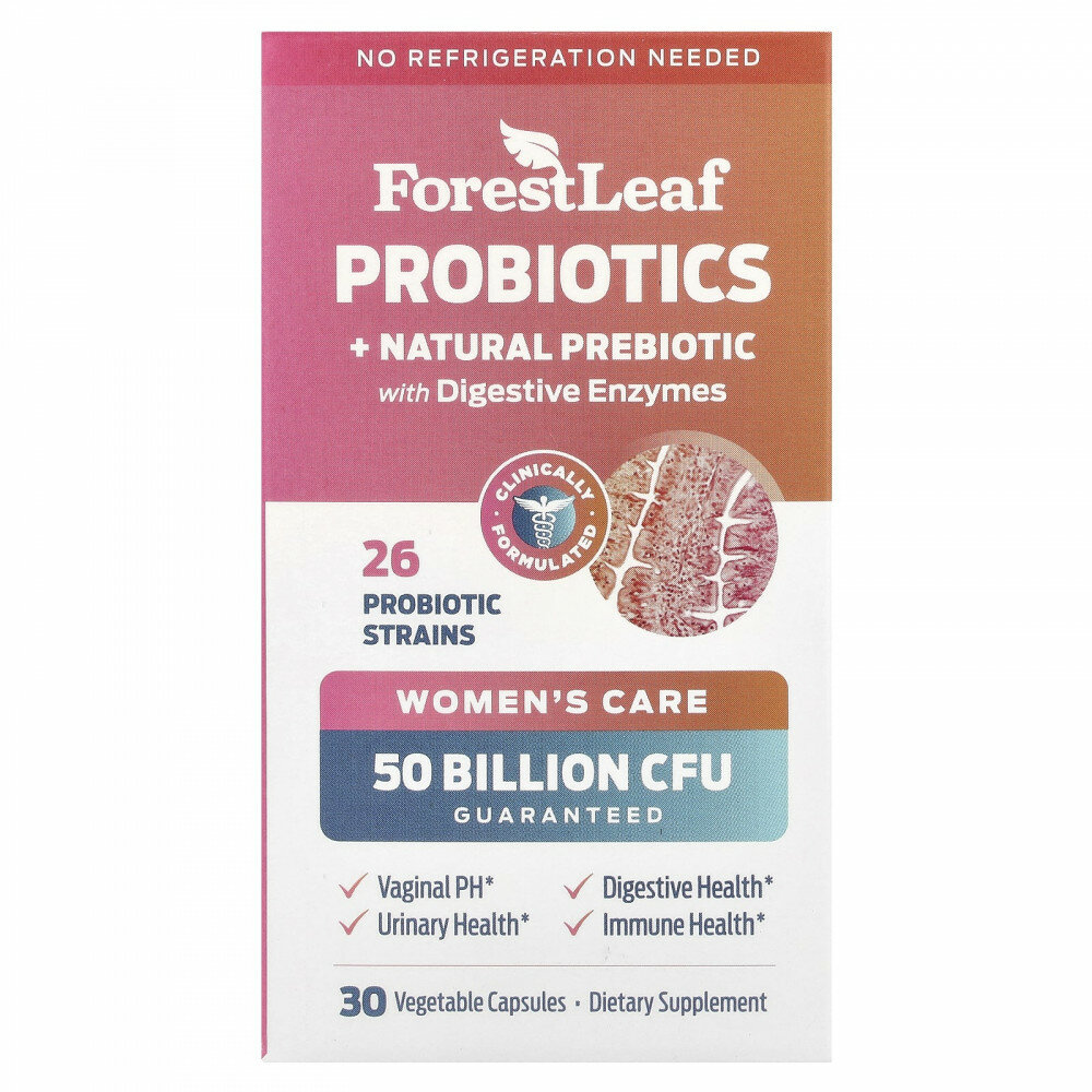 Forest Leaf, Women's Care, пробиотики и натуральные пребиотики с пищеварительными ферментами, 30 растительных капсул