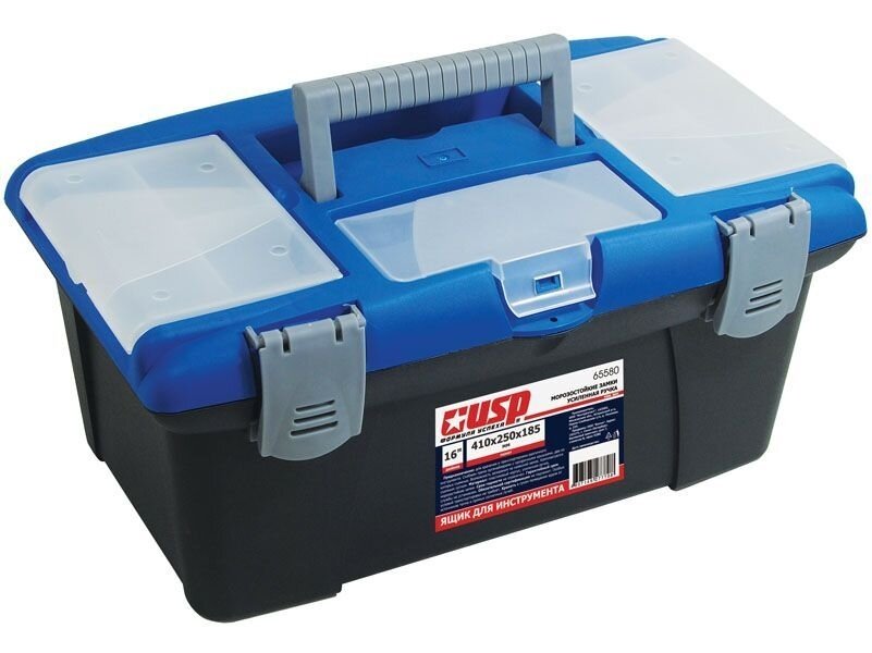 Ящик для инструментов USP / УСП с внутренним лотком и морозостойким замком из пластика, черный, 410х250х185мм / оборудование для мастерской