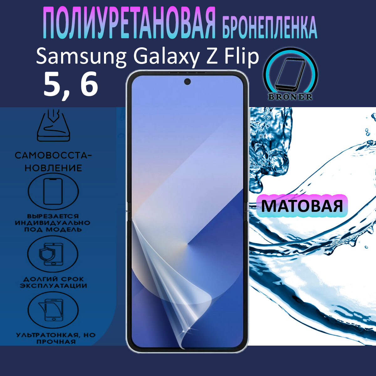 Полиуретановая бронепленка для Samsung Galaxy Z flip 5, 6, 7 FE / Защитная плёнка на экран, совместима с чехлом, с вырезом под камеру / Матовая