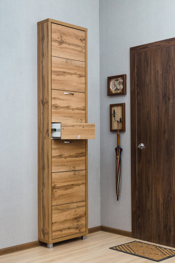 Обувница Ironnori Люкс Плюс, фасад ЛДСП, 6 секций плюс ящик для мелочей, цвет Дуб Вотан